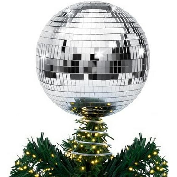 6 Inch Disco Ball Christmas Tree Topper, Retro Silver Reflective Disco ...