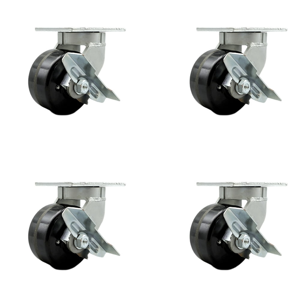6 Inch Extra Heavy Duty Phenolic Wheel Swivel Caster Set with Brakes ...
