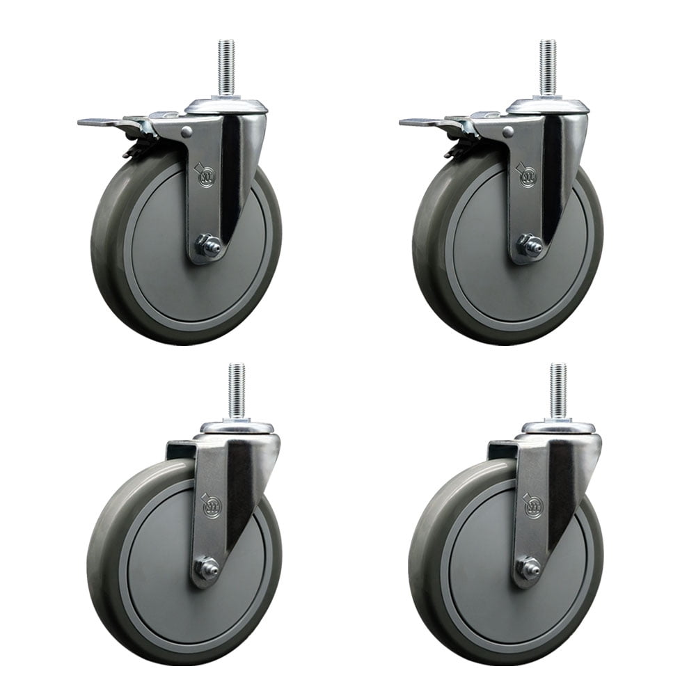 6 Inch Gray Poly Wheel Swivel 3/4 Inch Threaded Stem Caster Set 2 ...