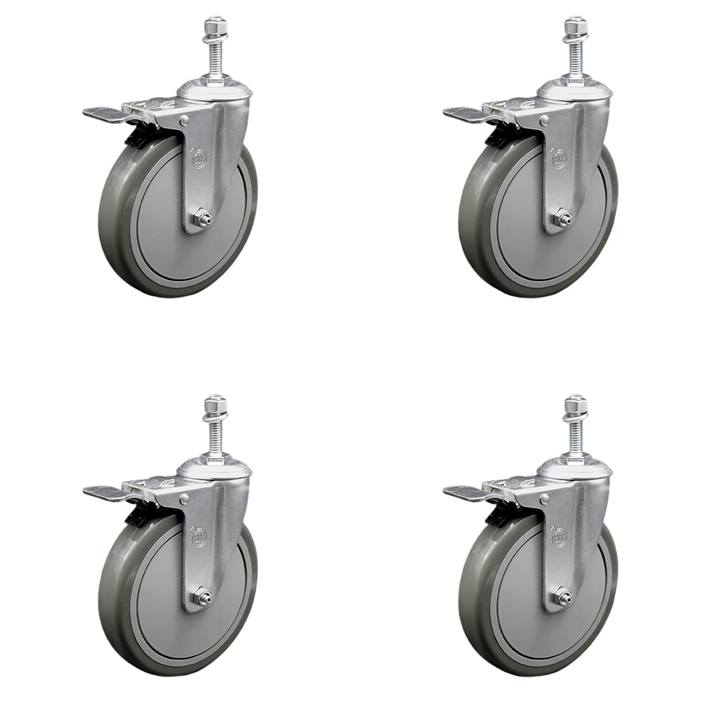 6 Inch Gray Polyurethane Swivel 10mm Stem Caster Set with Total Lock ...