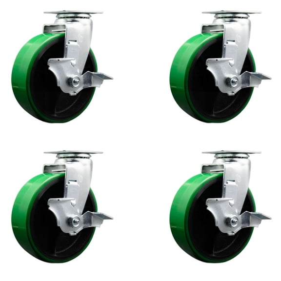 6 Inch Extra Heavy Duty Green Poly on Cast Iron Wheel Swivel Caster Set ...