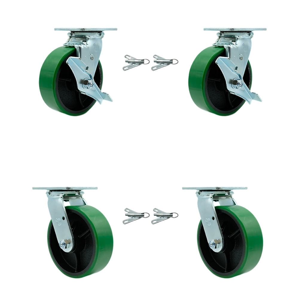 6 Inch Green Poly on Steel Caster Set with Ball Bearings 4 Swivel Lock ...