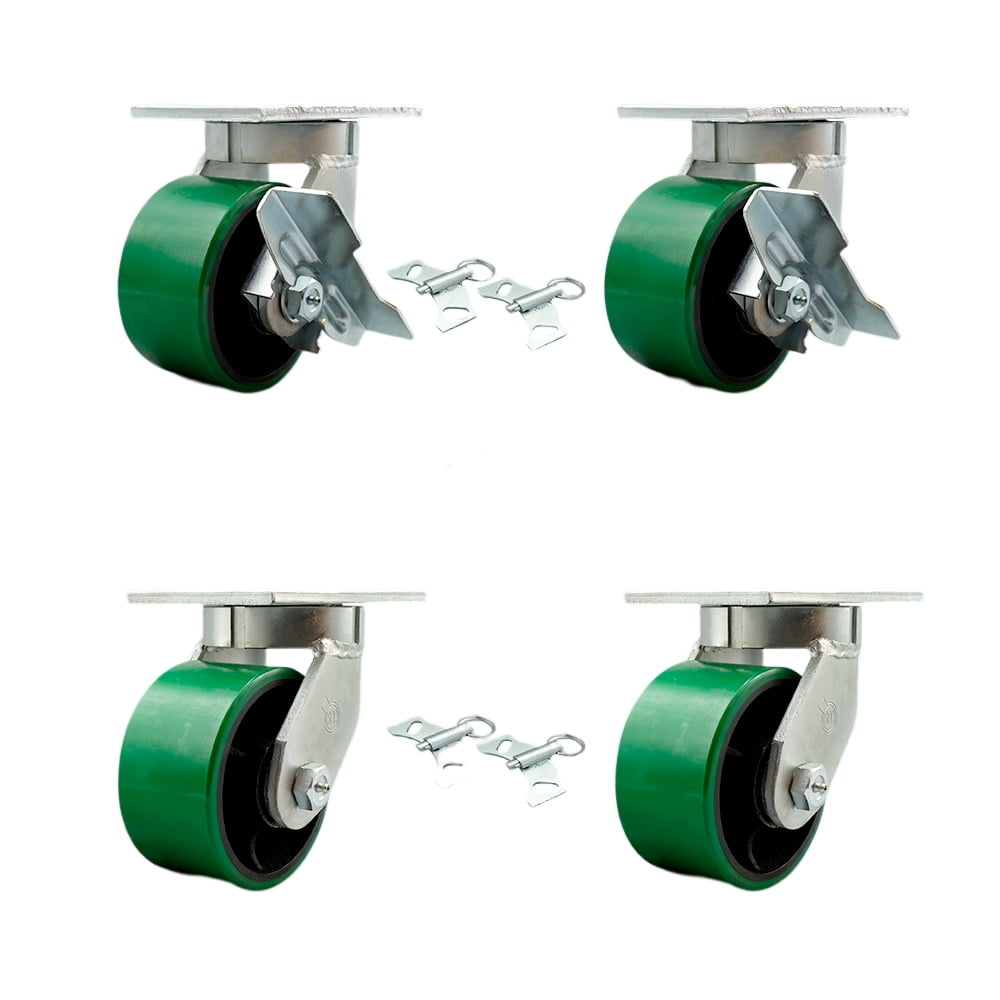 6 Inch Heavy Duty Green Poly on Cast Iron Caster Set 4 Swivel Locks 2 ...