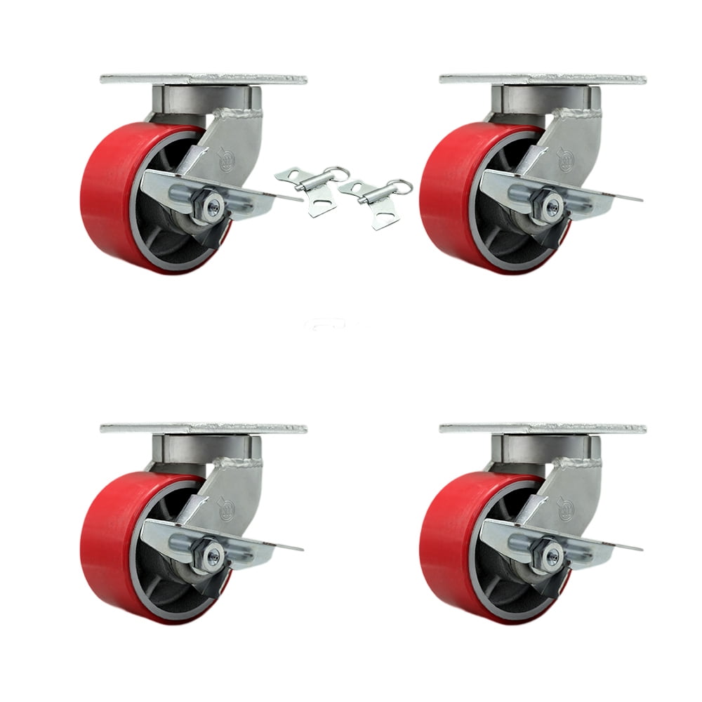 6 Inch Heavy Duty Red Poly on Cast Iron Caster Set 4 Brakes 2 Swivel ...