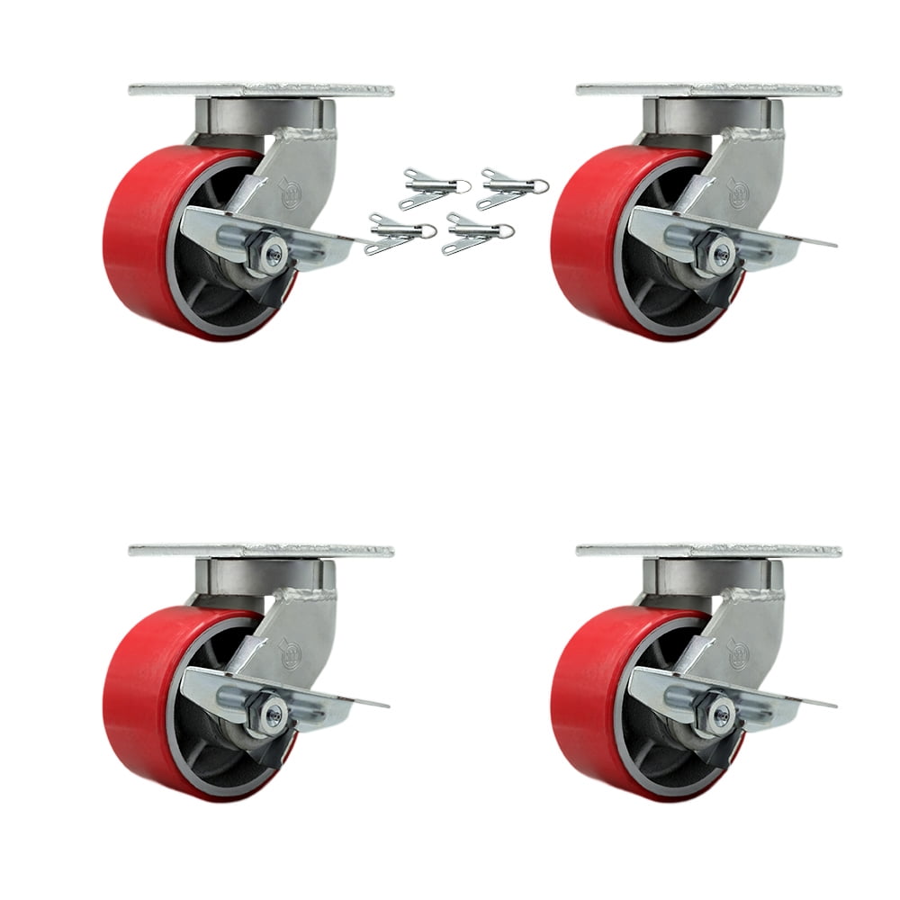 6 Inch Heavy Duty Red Poly on Cast Iron Caster Set with Brake and ...