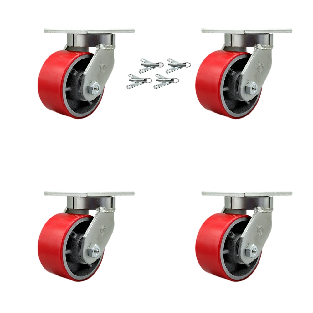 6 Inch Heavy Duty Red Poly on Cast Iron Caster Set with Swivel Locks ...