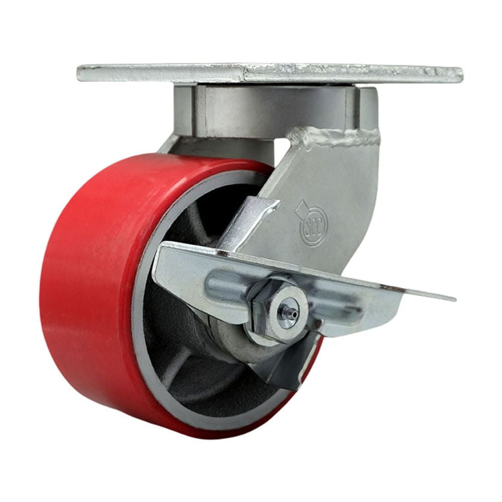 6 Inch Heavy Duty Red Poly on Cast Iron Caster with Brake and Swivel ...