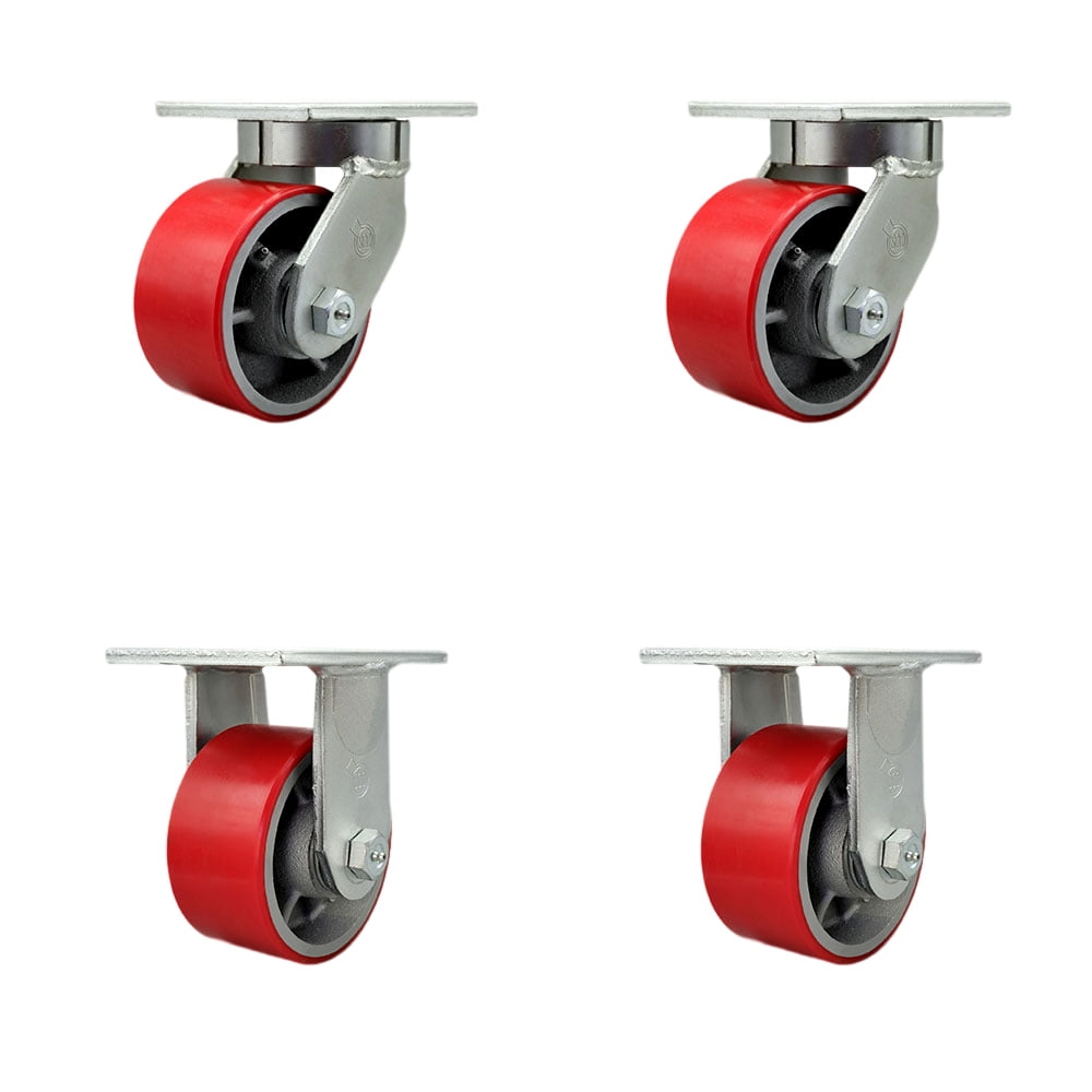 6 Inch Heavy Duty Red Poly on Cast Iron Wheel Caster Set 2 Swivel 2 ...
