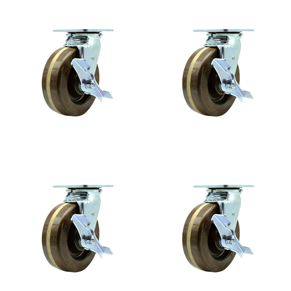 6 Inch High Temp Phenolic Caster Set w/Bronze Bearings 4 Brakes 2 ...