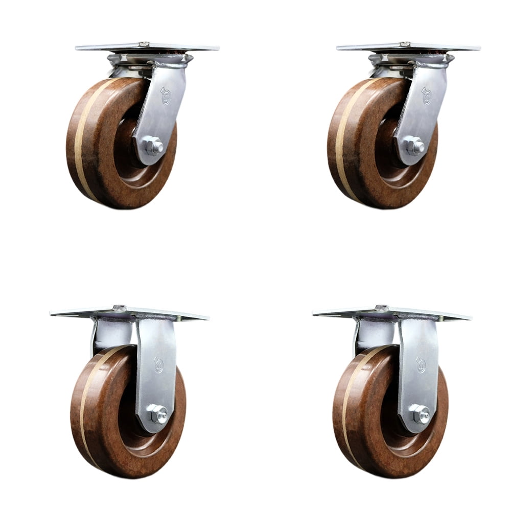 6 Inch High Temp Phenolic Caster Set with Roller Bearing 2 Swivel Lock ...