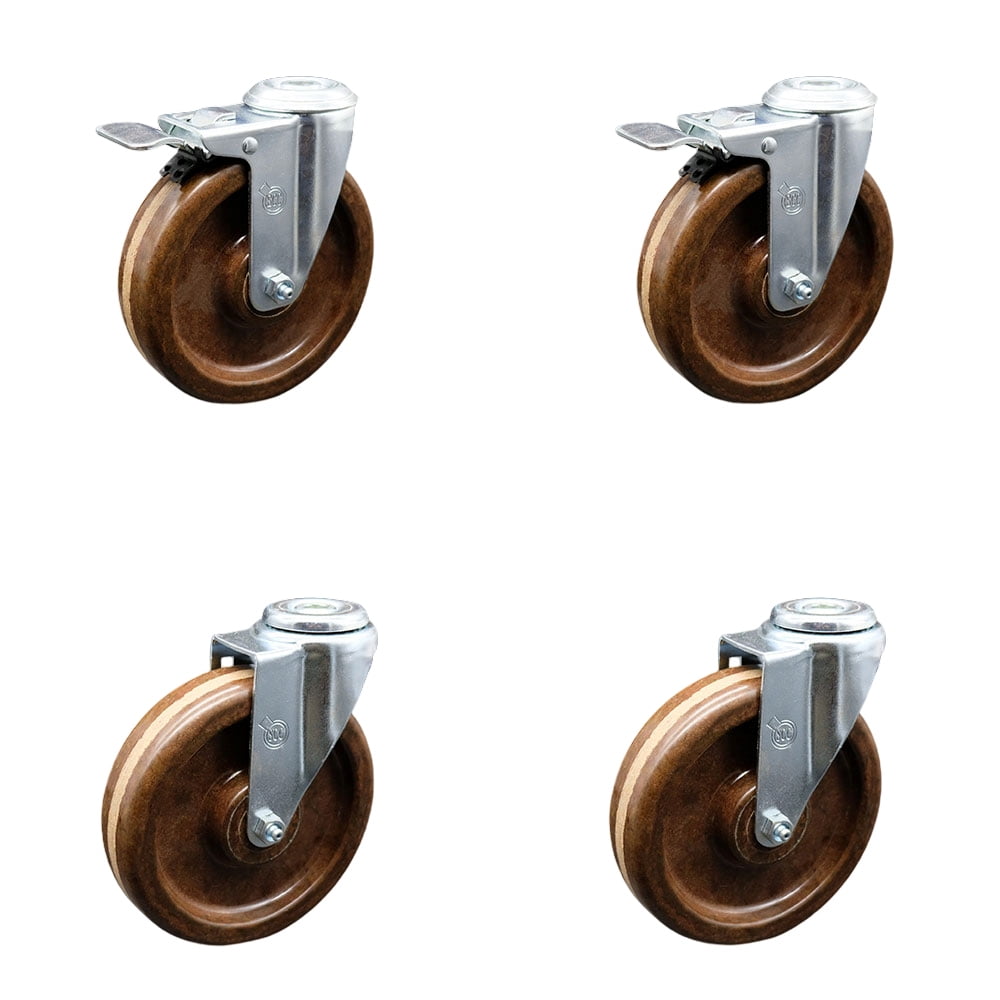 6 Inch High Temp Phenolic Swivel Bolt Hole Caster Set with 2 Total Lock ...