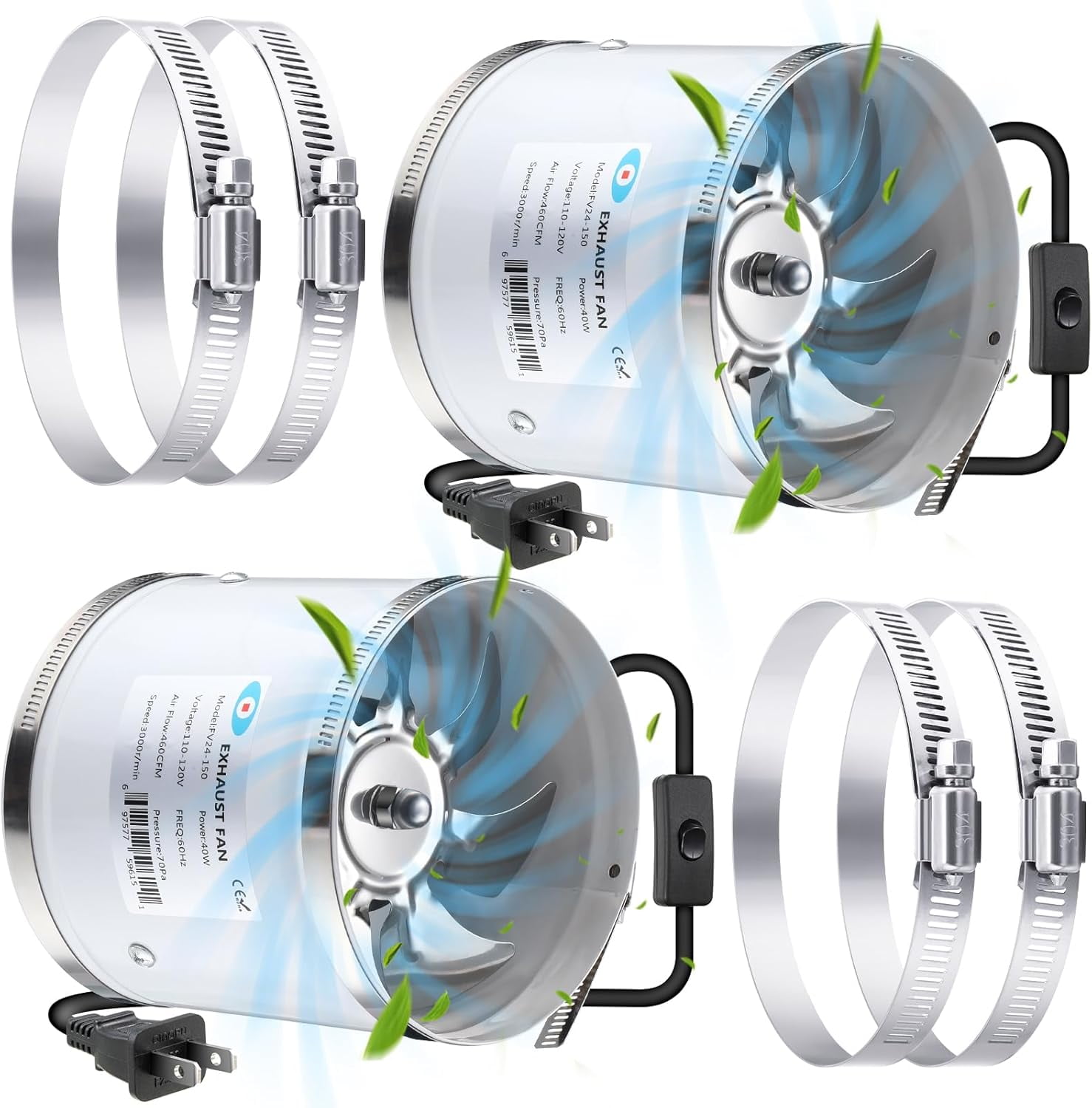 6 Inch Inline Duct Fans 460 CFM, 2 Pack Quiet Ventilation Exhaust Fans ...