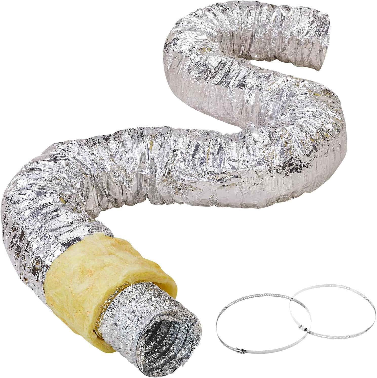 6 Inch Insulated Flexible Duct R-4.2, 25 Feet Long with 2 Duct Clamps ...
