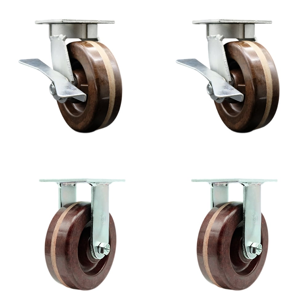 6 Inch KP High Temp Phenolic Caster Set with Bronze Bearings 2 Brake 2 ...