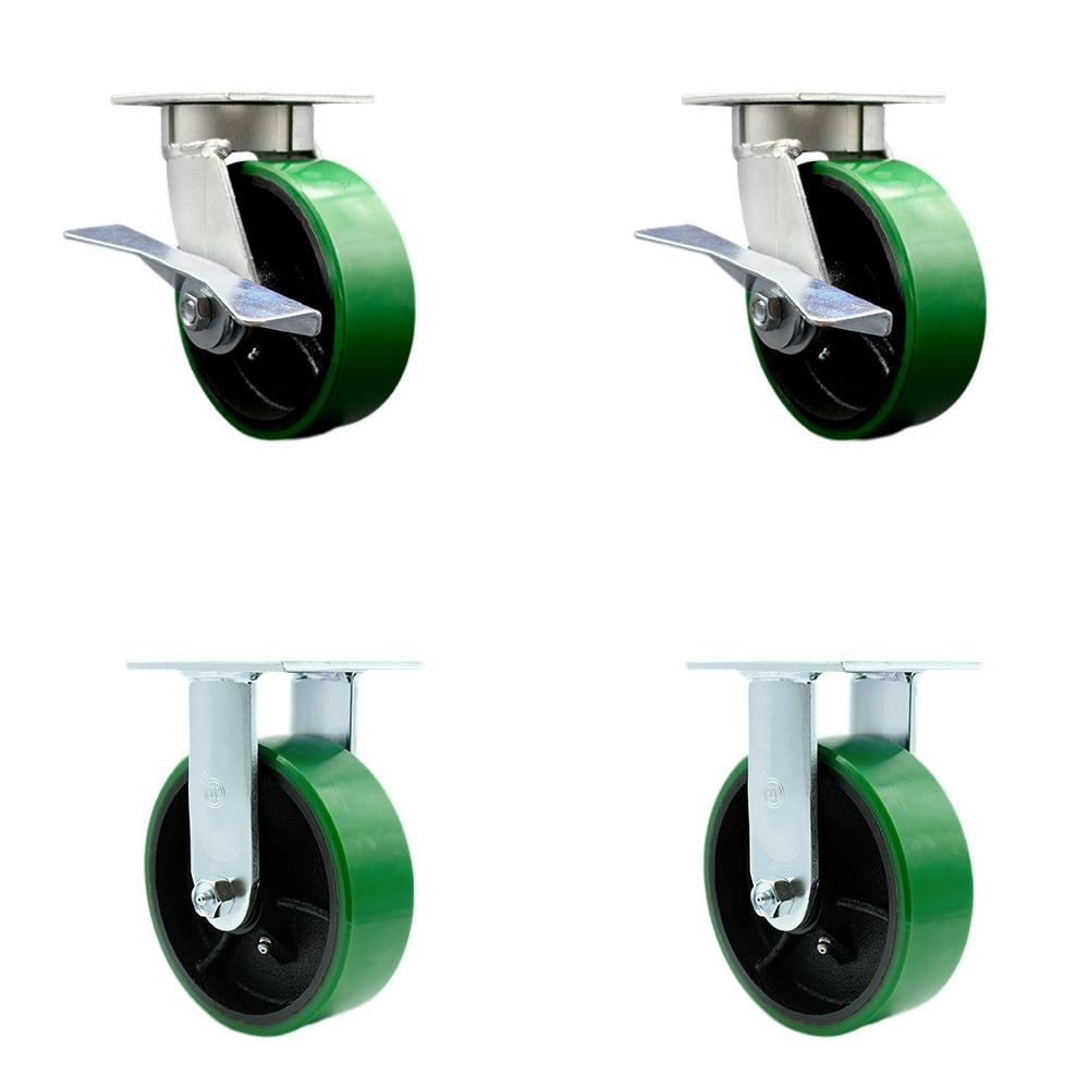 6 Inch Kingpinless Green Poly on Steel Wheel Caster Set 2 Brakes 2 ...