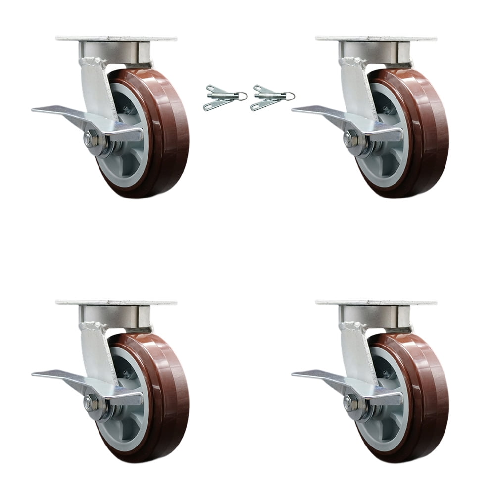 6 Inch Kingpinless Poly on Polyolefin Wheel Caster Set 4 Brakes 2 ...