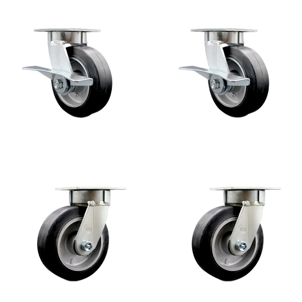 6 Inch Kingpinless Rubber on Aluminum Wheel Caster Set 4 Swivel Locks 2 ...