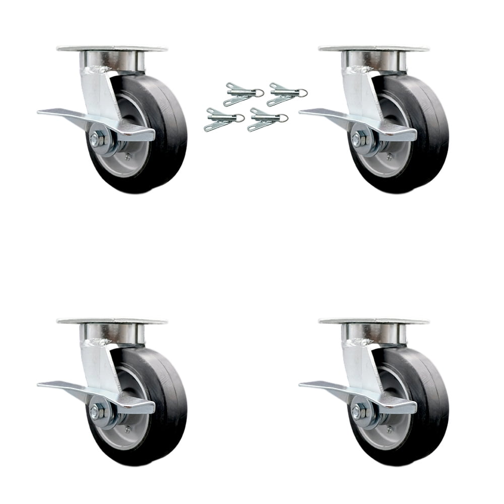 6 Inch Kingpinless Rubber on Aluminum Wheel Caster Set Brake and Swivel ...
