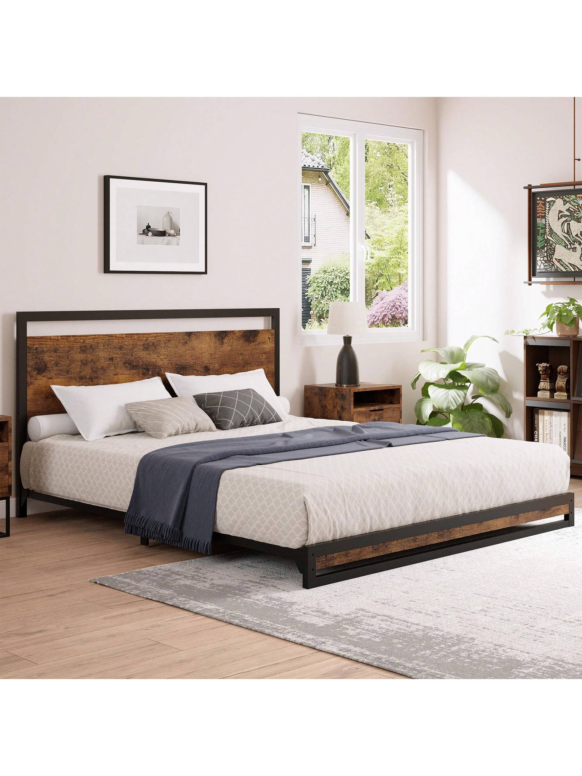 6 Inch Metal Platform Bed Frame With Wooden Headboard And Footboard ...