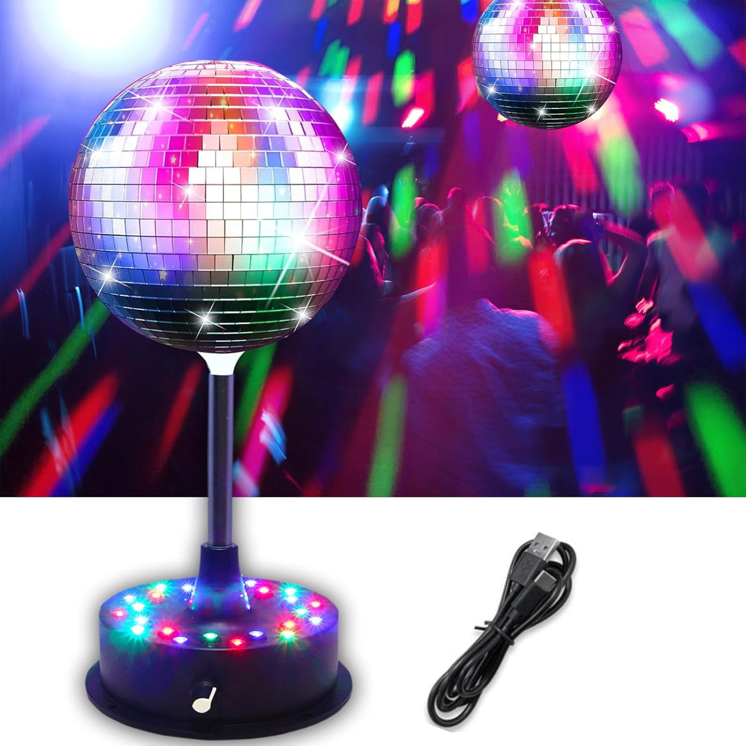 6 Inch Mirror Disco Ball with 24 LEDs and 5-9 RPM Adjustable Rotating ...