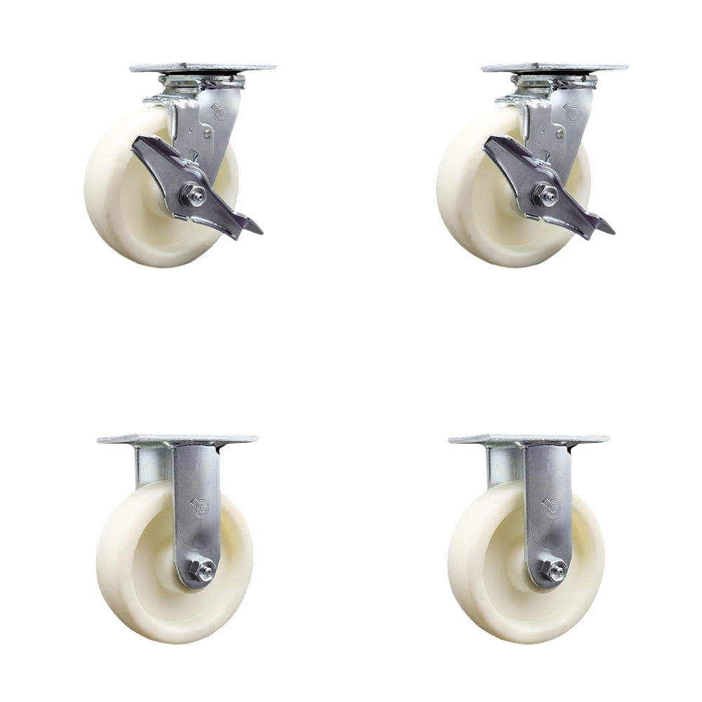 6 Inch Nylon Caster Set with Roller Bearings 2 Brakes 2 Rigid Service ...