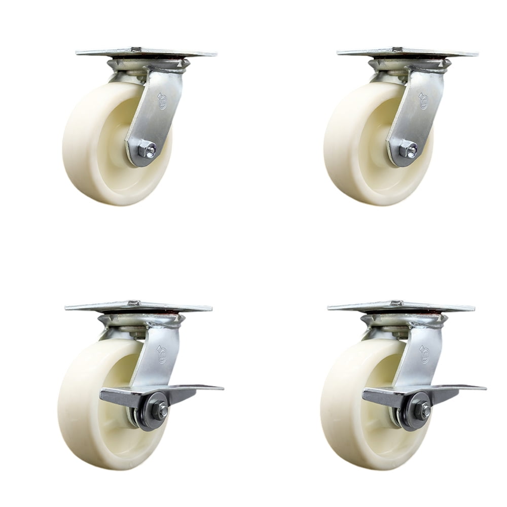 6 Inch Nylon Swivel Caster Set with Ball Bearings 2 Brakes Service ...