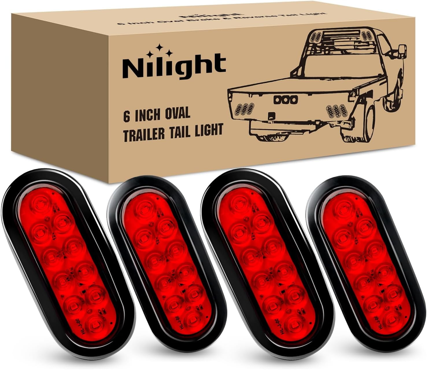 6 Inch Oval Red LED Trailer Tail Lights 4PCS with Flush Mount Grommets ...