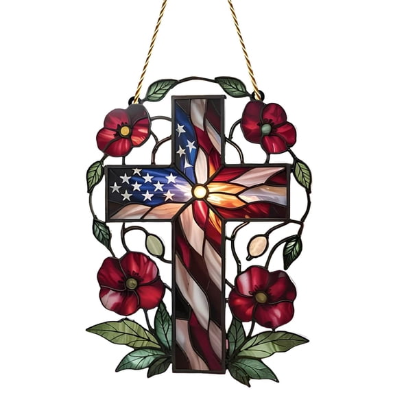 6 Inch Patriotic Cross Poppy Suncatcher Red White Blue Stained Glass ...