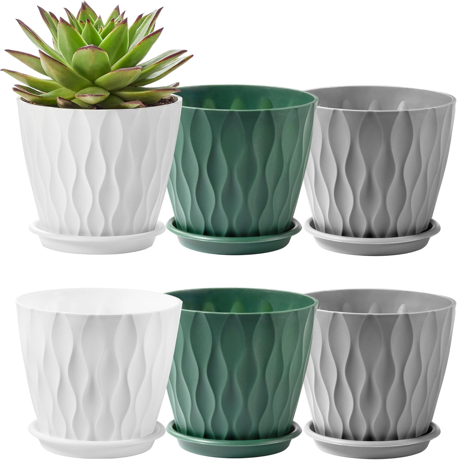 6-Inch Plastic Plant Pots with Saucers, Thickened PP, Wave Texture ...