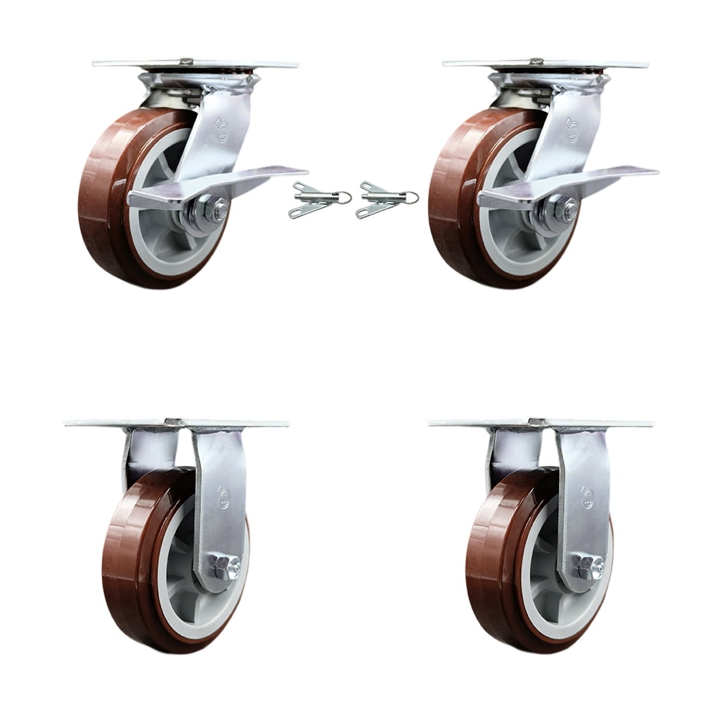 6 Inch Polyurethane Caster Set 2 Brakes/Swivel Locks and 2 Rigid ...