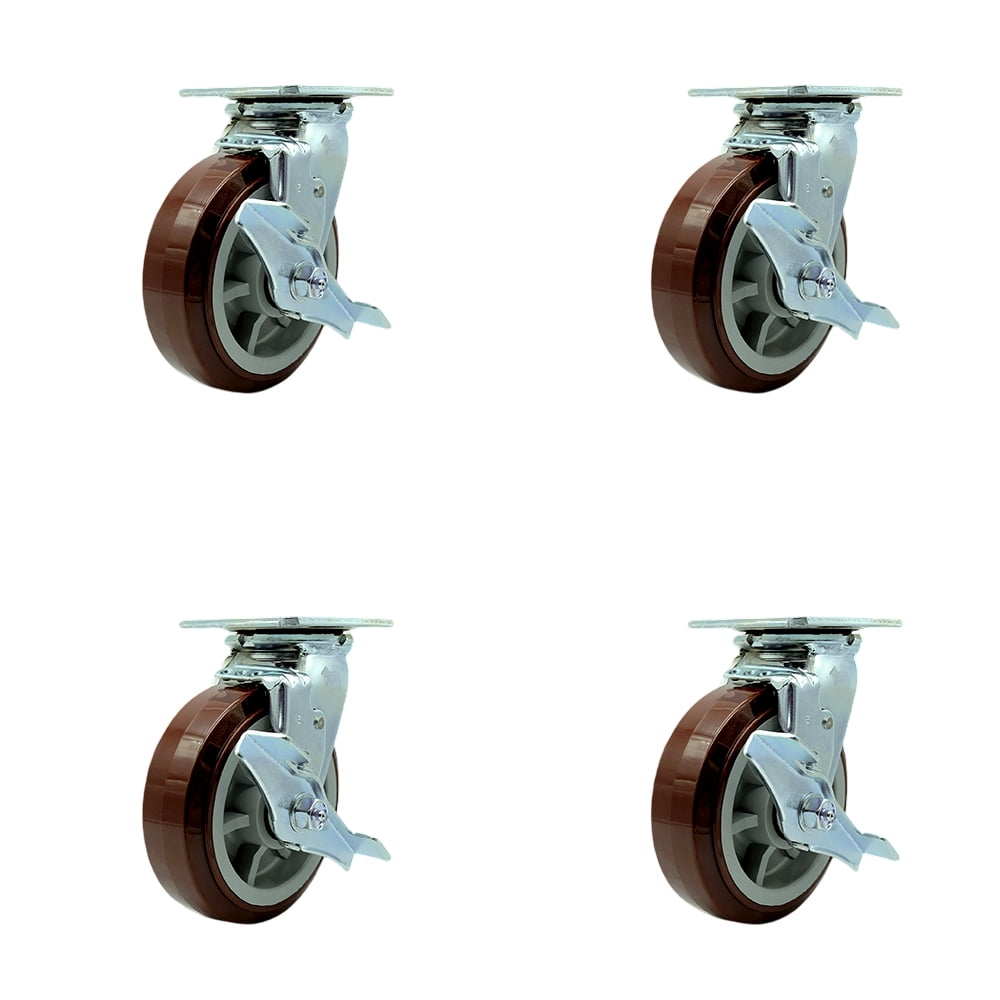 6 Inch Polyurethane Caster Set with Roller Bearings and Brake/Swivel ...