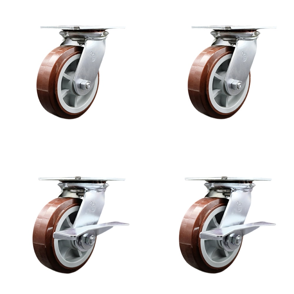 6 Inch Polyurethane Swivel Caster Set with Roller Bearings 2 Brakes SCC ...