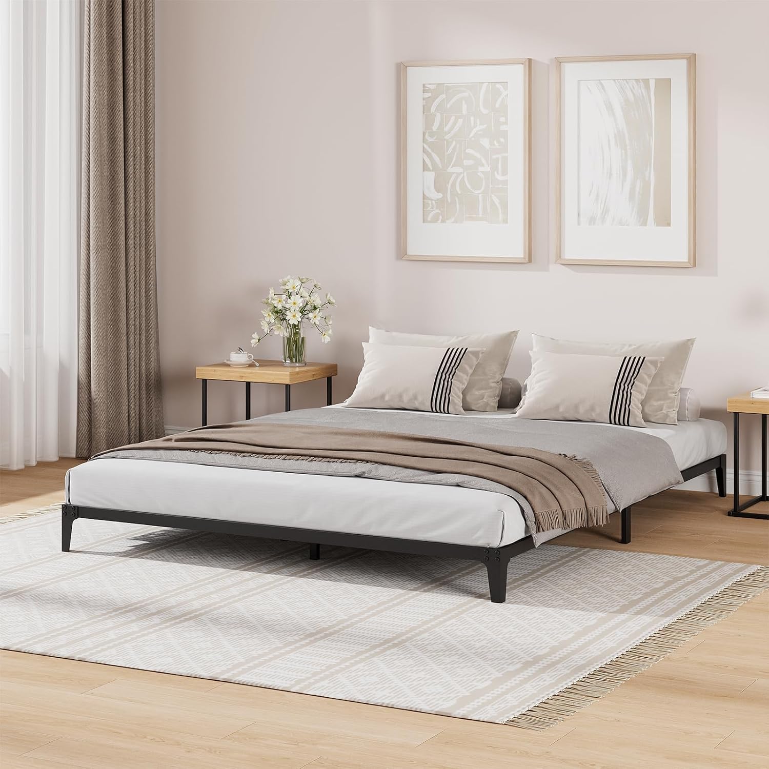 6 Inch Queen Low Bed Frame, Metal Platform Bed Frame with Wrought Rod ...