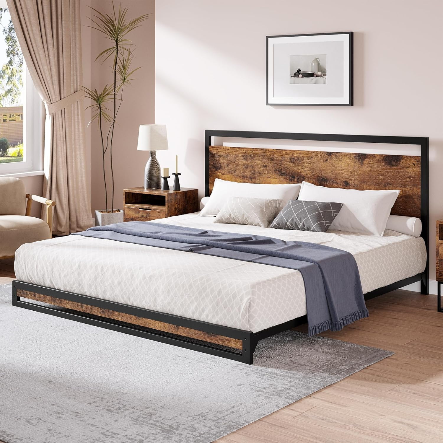 6 Inch Queen Metal Platform Bed Frame with Wooden Headboard and ...