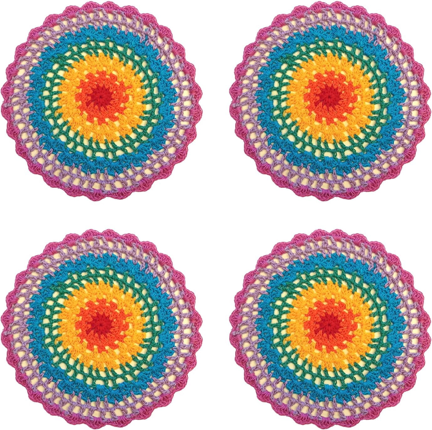 6 Inch Rainbow Coasters Multi-Colored Doilies Handmade Crochet Cotton ...