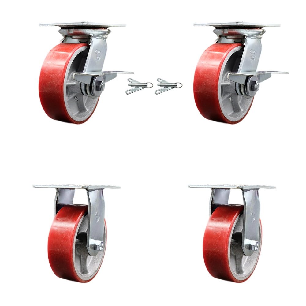 6 Inch Red Poly on Cast Iron Caster Set 2 Brakes/Swivel Locks and 2 ...