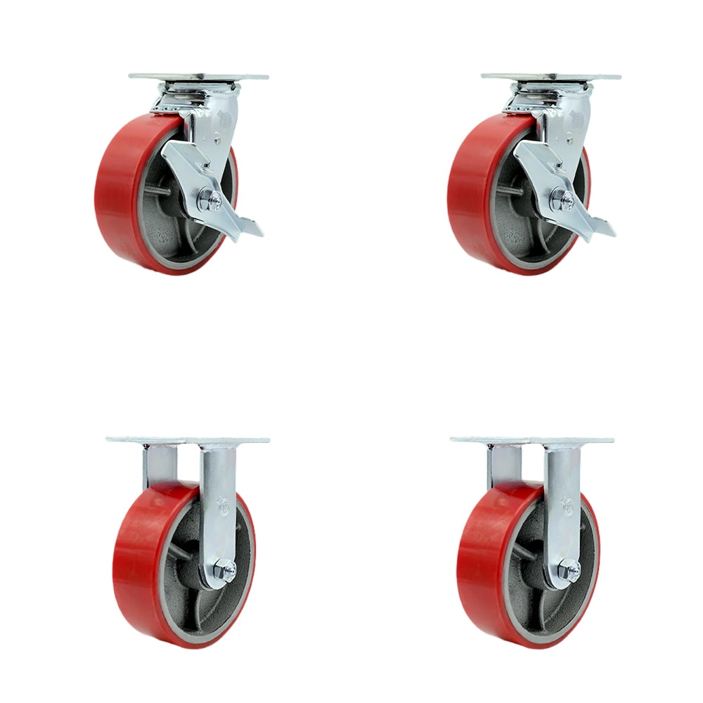 6 Inch Red Poly on Cast Iron Caster Set with Roller Bearings 2 Brakes 2 ...