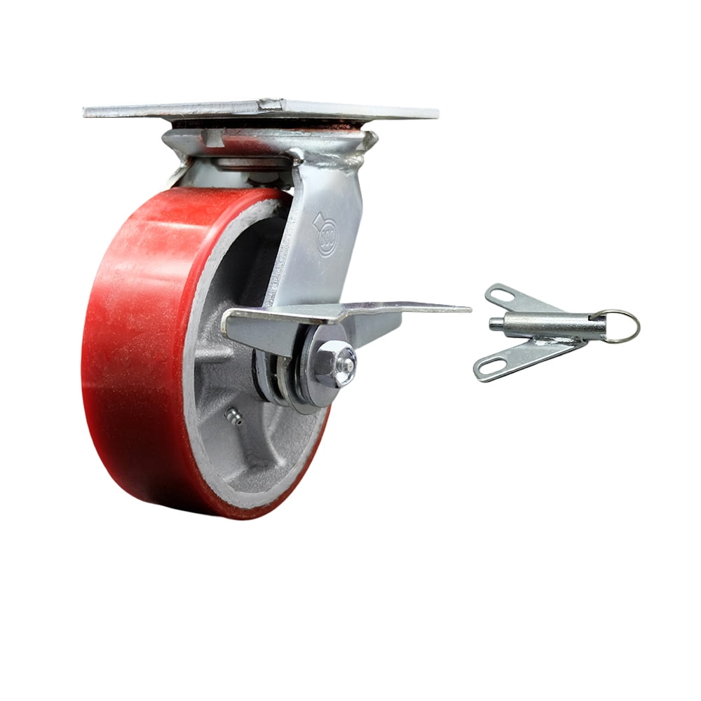 6 Inch Red Poly on Cast Iron Caster with Roller Bearing and Brake ...