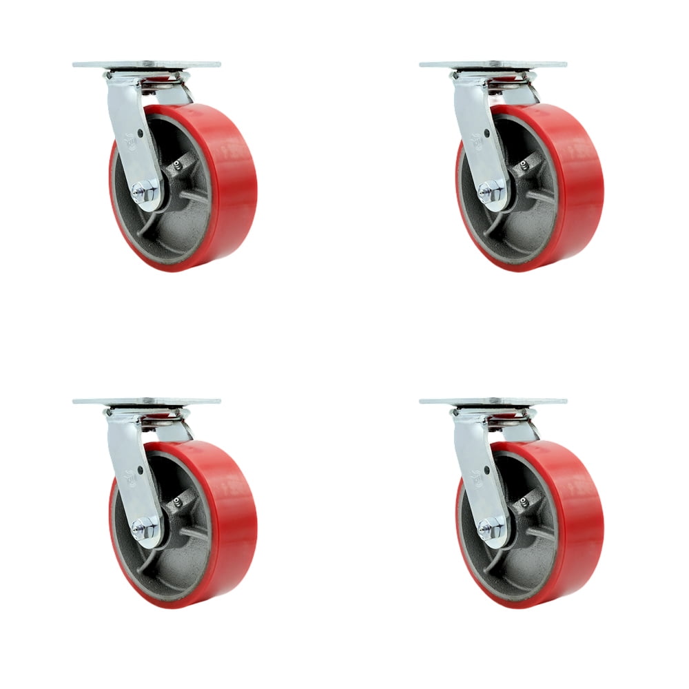 6 Inch Red Poly on Cast Iron Wheel Swivel Caster Set with Roller ...