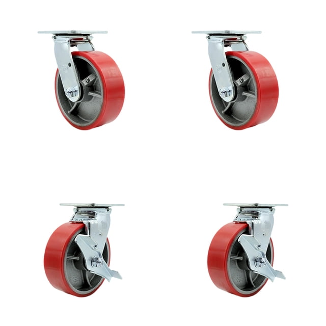 6 Inch Red Poly on Steel Caster Set with Roller Bearings 2 Swivel Lock ...