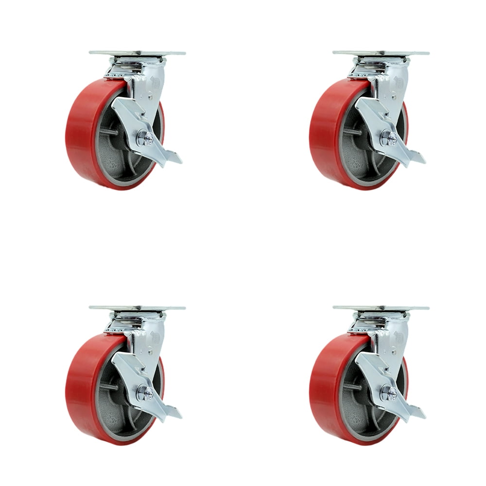 6 Inch Red Poly on Steel Caster Set with Roller Bearings 4 Brake 2 ...