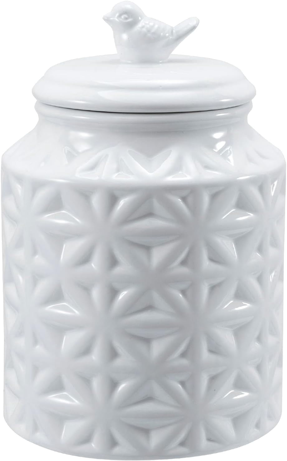 6 Inch Round White Ceramic Cookie Jar with Bird Shape Top Handle and ...