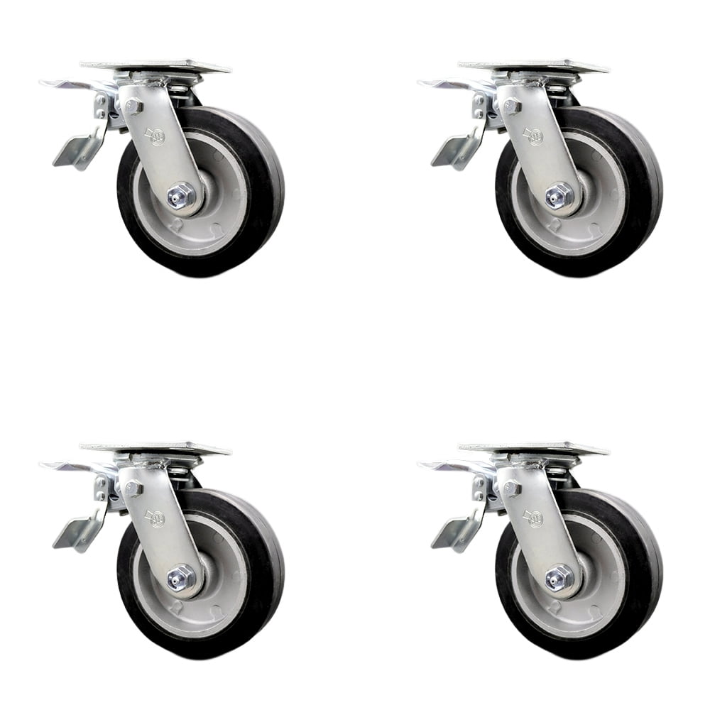 6 Inch Rubber on Aluminum Caster Set with Ball Bearing and Total Lock ...