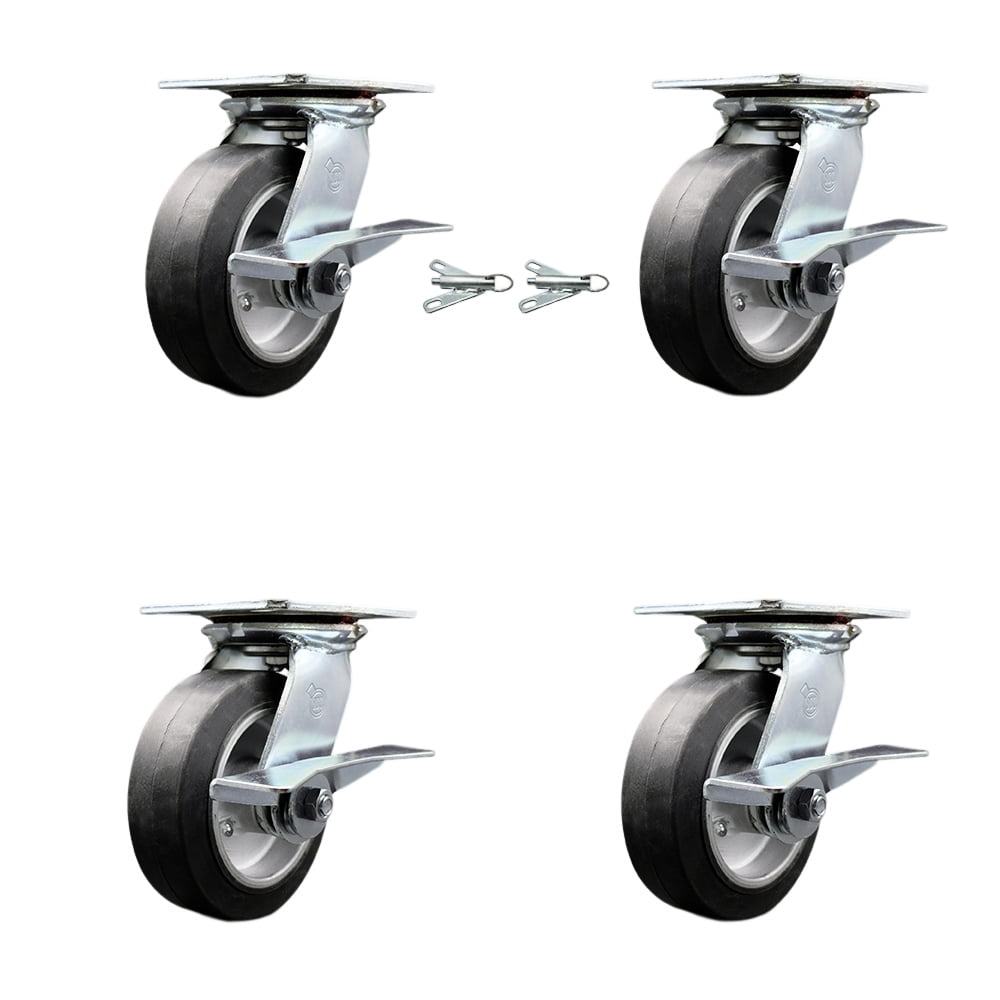 6 Inch Rubber on Aluminum Caster Set with Roller Bearing 4 Brake 2 ...