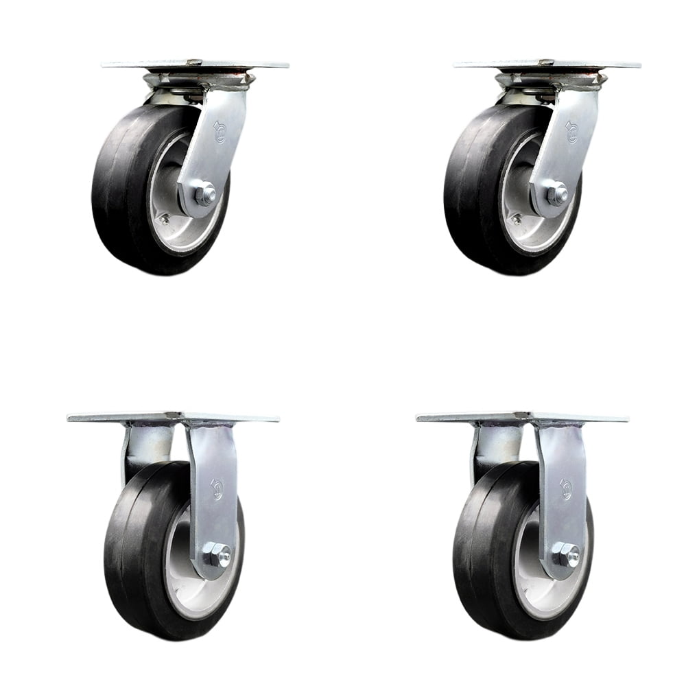 6 Inch Rubber on Aluminum Caster Set with Roller Bearings 2 Swivel 2 ...