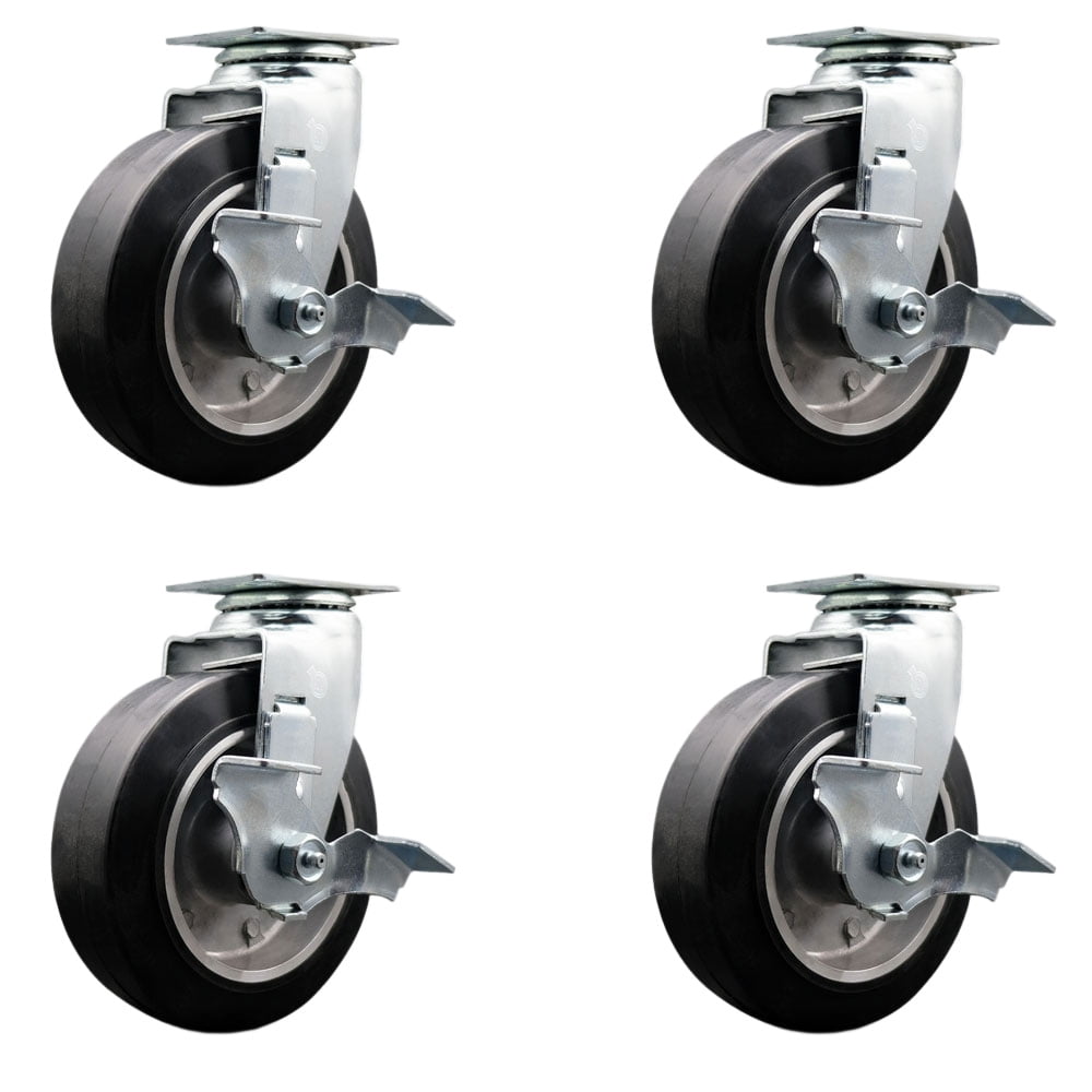 6 Inch Rubber on Aluminum Swivel Caster Set with Roller Bearings and ...