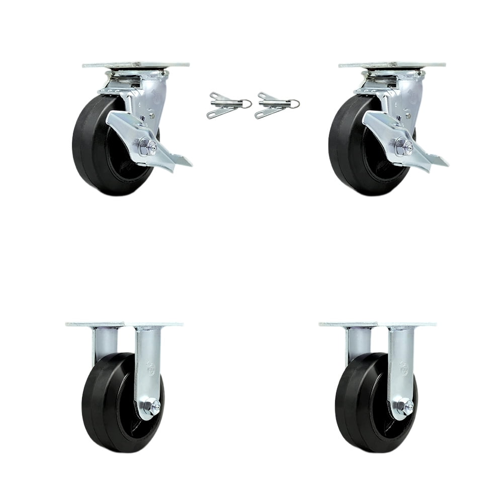 6 Inch Rubber on Steel Caster Set with 2 Brakes/Swivel Lock 2 Rigid SCC ...