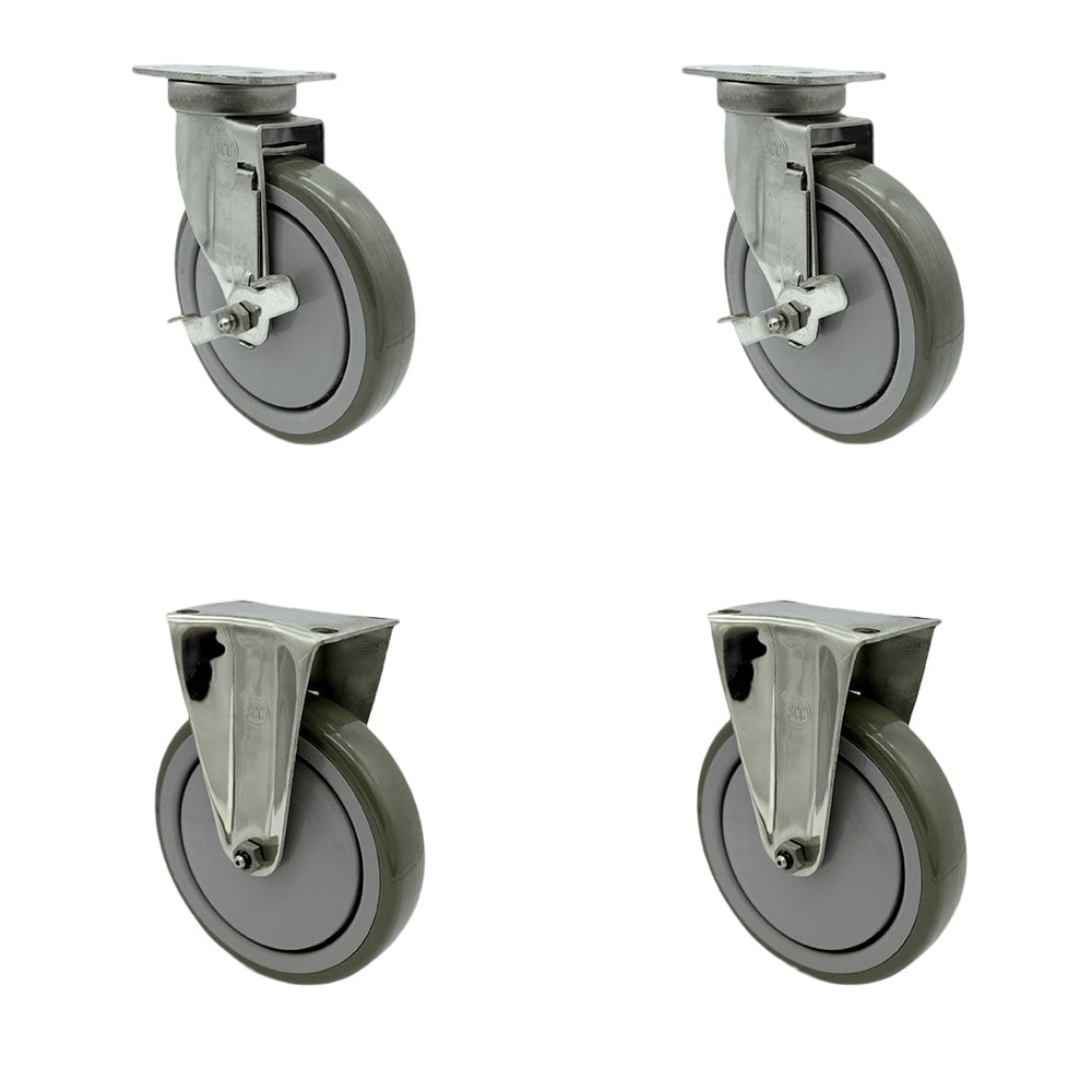 6 Inch SS Gray Polyurethane Top Plate Caster Set with 2 Brake 2 Rigid ...