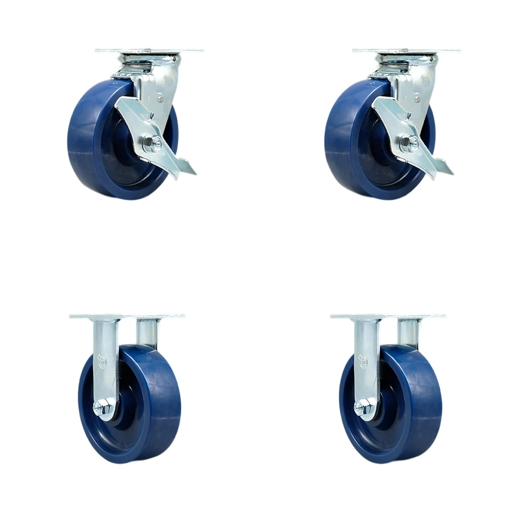 6 Inch SS Solid Poly Caster Set with Ball Bearings 2 Brakes 2 Rigid SCC ...