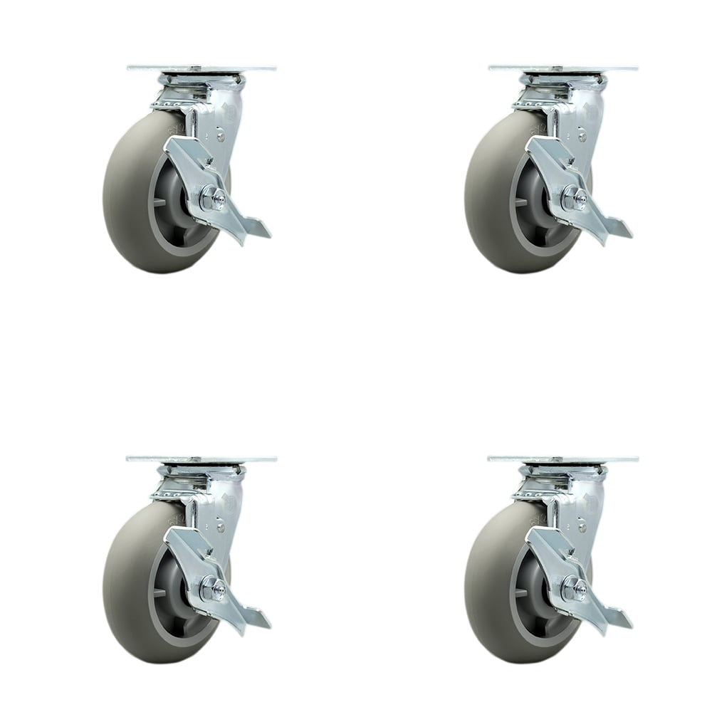 6 Inch SS TPR Donut Tread Caster Set w/Delrin Bearings and Brake/Swivel ...
